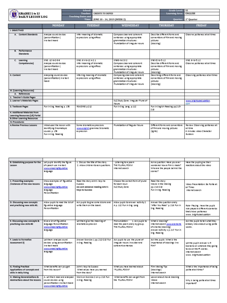 DLL Quarter 1 Week 2 ENGLISH 6 | PDF | English Language | Plural