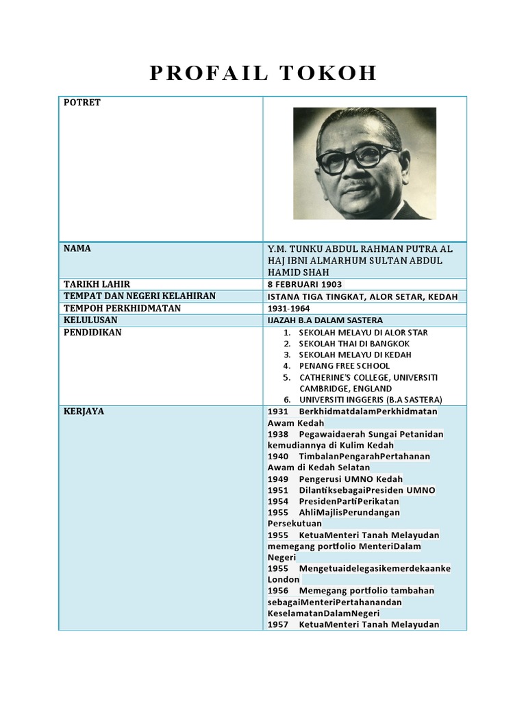 Profail Tokoh Tunku Abdul Rahman | PDF