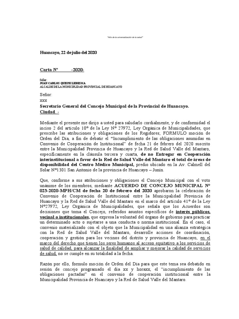 Carta - Formula Mocion Regidor | PDF | Gobierno local | Alcalde