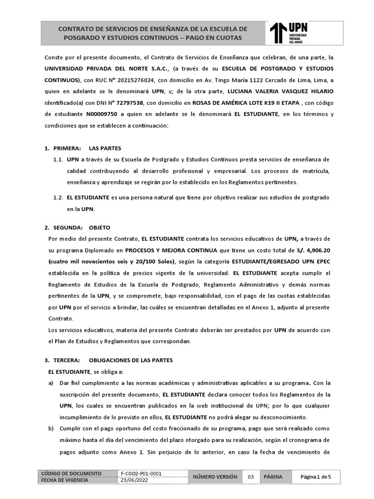 Contrato EPEC DIPLOMADO - 8 Cuotas UPN | PDF | Pagos | Bancos