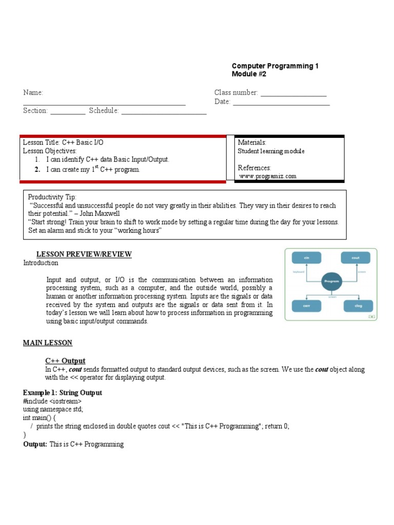Computer Programming 1 - Module 2 | PDF | Input/Output | C++