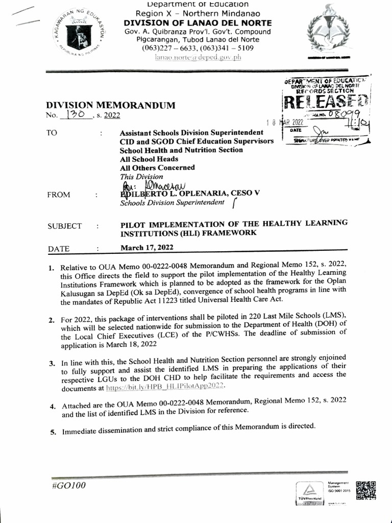 Pilot Implementation of The Healthy Learning Institutions (Hli ...