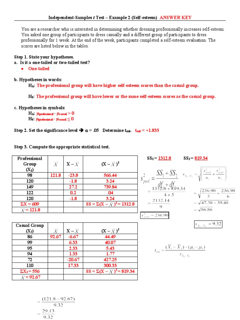Independent-Samples T Test Worksheet 2 - ANSWER KEY | PDF | Student's T ...
