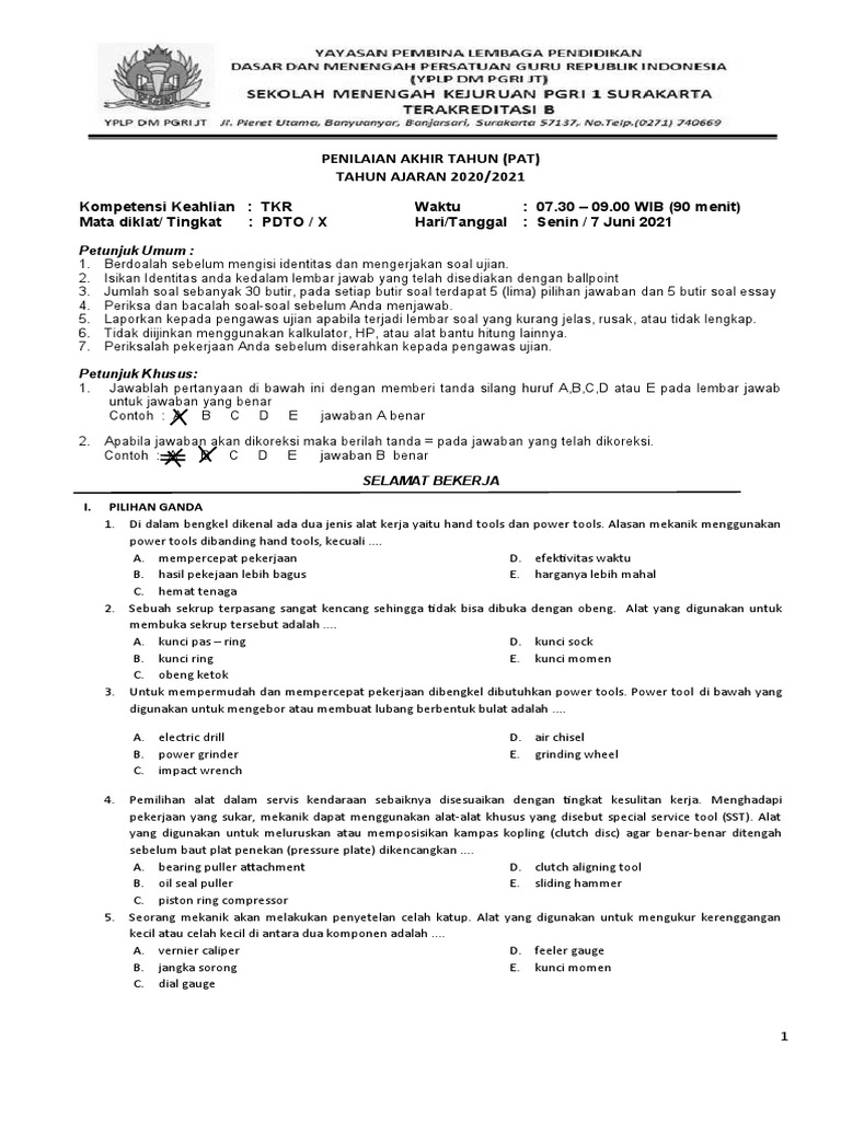 Kop Soal Pat Pdto X 2021 | PDF