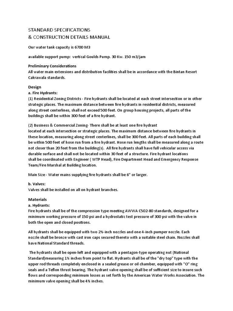 Standard Specifications of BRC Hydrants, Tank & Pump | PDF | Valve ...