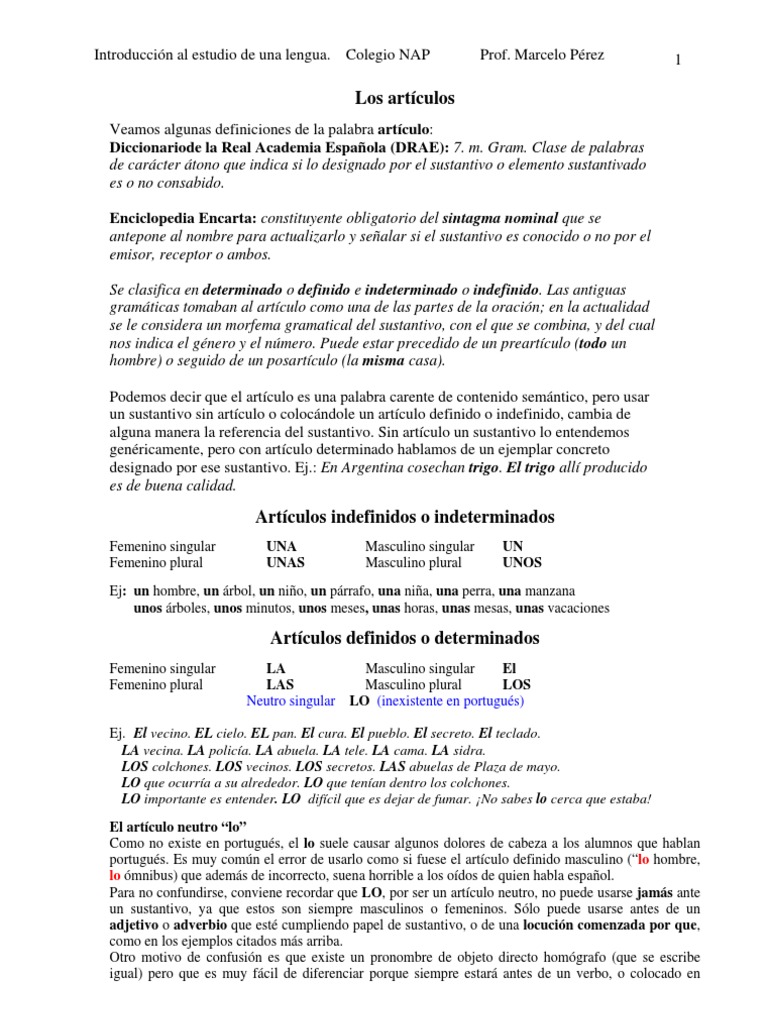 Ejercicios sobre artículos en español | PDF | Sustantivo | Plural