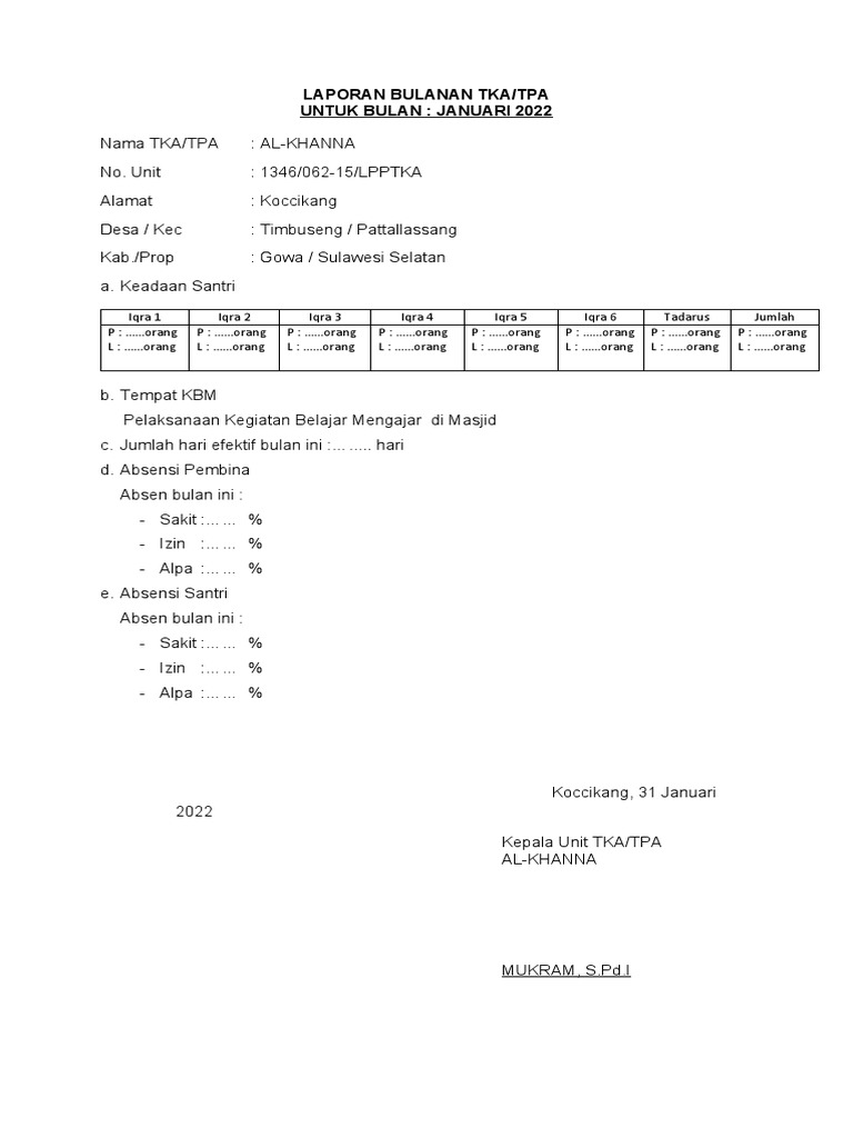 Laporan Bulanan TKA-TPA | PDF | Sains & Matematika