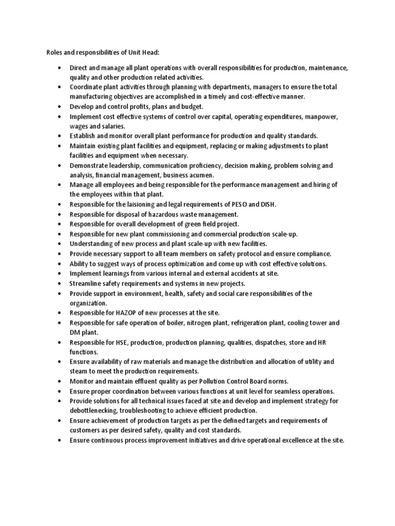 Roles and Responsibilities of Unit Head | Download Free PDF | Safety ...
