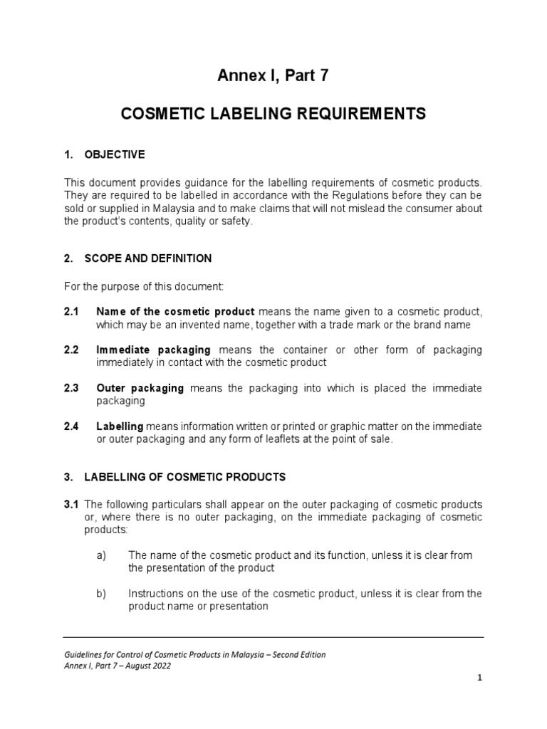 Annex I Part 7-COSMETIC LABELING REQUIREMENTS | PDF | Cosmetics | Perfume