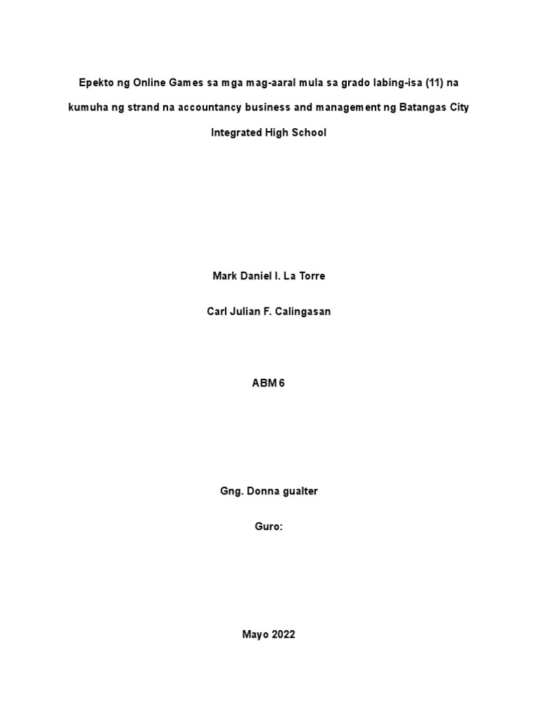 Epekto NG Online Games Sa Mga Mag-Aaral Mula Sa Grado Labing-Isa (11 ...