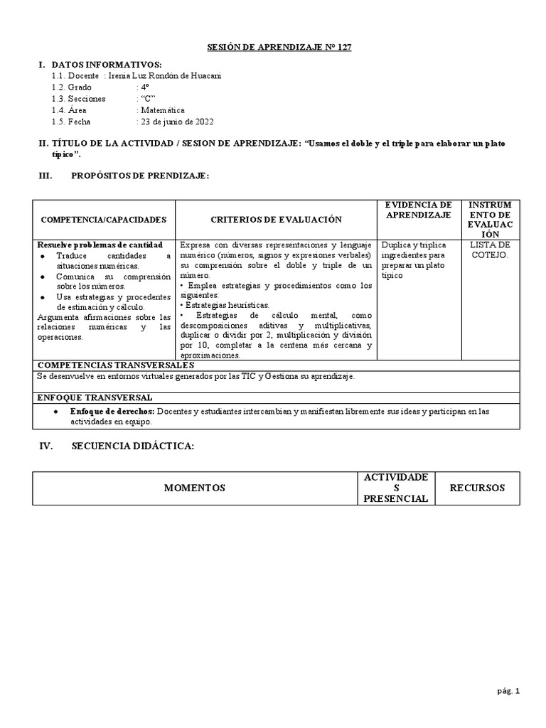 4to C - Matemática - Sesión de Aprendizaje N. 127 | PDF | Aprendizaje | Cognición