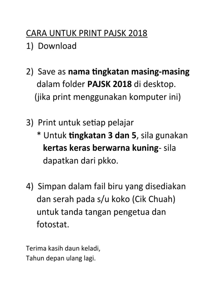 Cara Untuk Print Pajsk 2018 | PDF