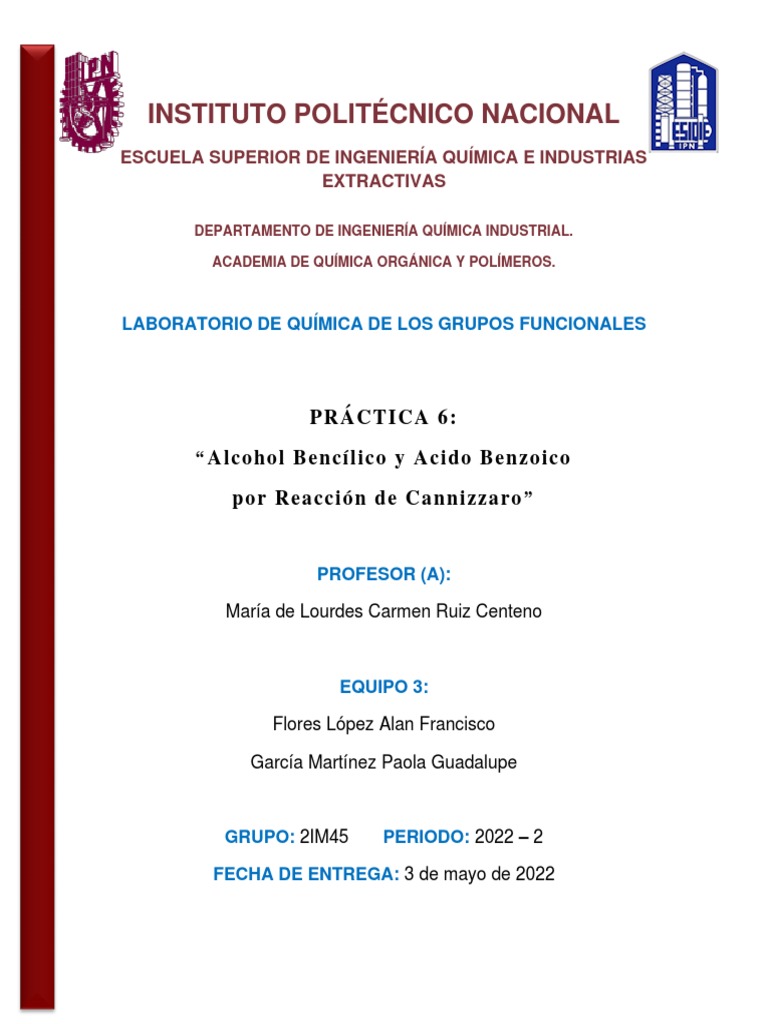 Alcohol Bencílico y Acido Benzoico por Reacción de Cannizzaro Equipo 3 2IM45 | PDF | Sustancias ...