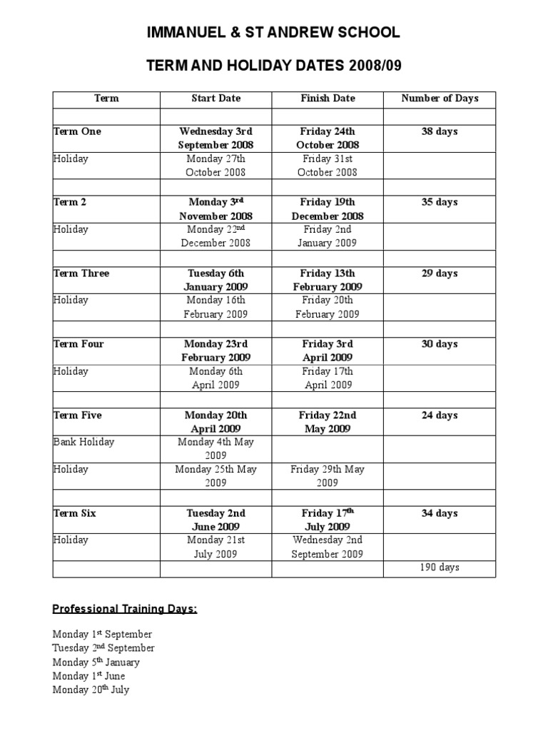 Immanuel & St Andrew School Term Dates | PDF