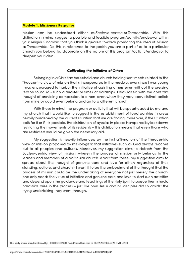Cfe 103 Module 1 Missionary Response | PDF | Christian Mission | Thought Cfe 103 Module 1 Missionary Response | PDF | Christian Mission | Thought