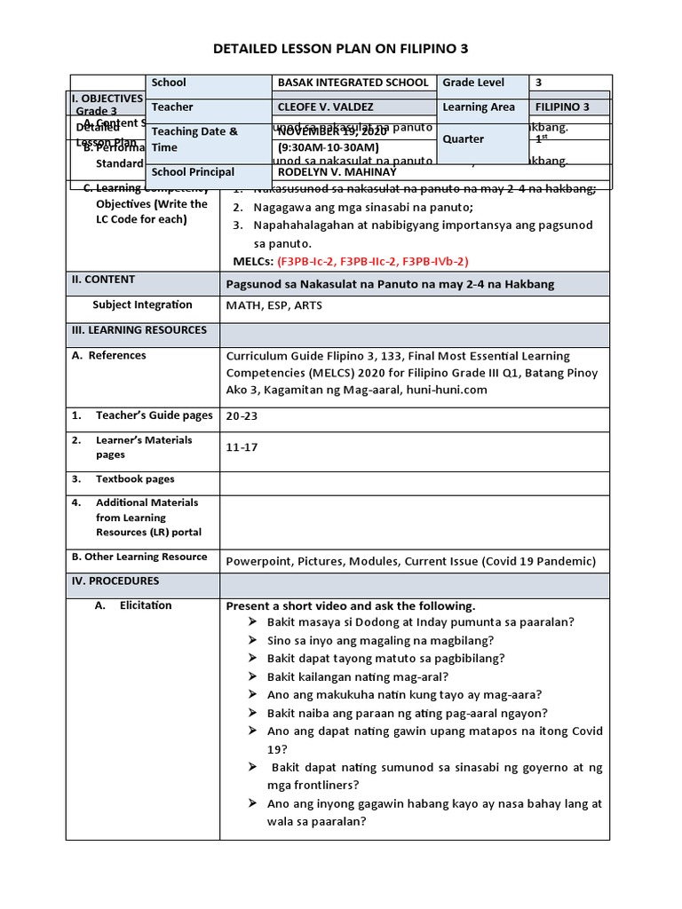Filipino LP (Pagsunod Sa Panuto) | PDF