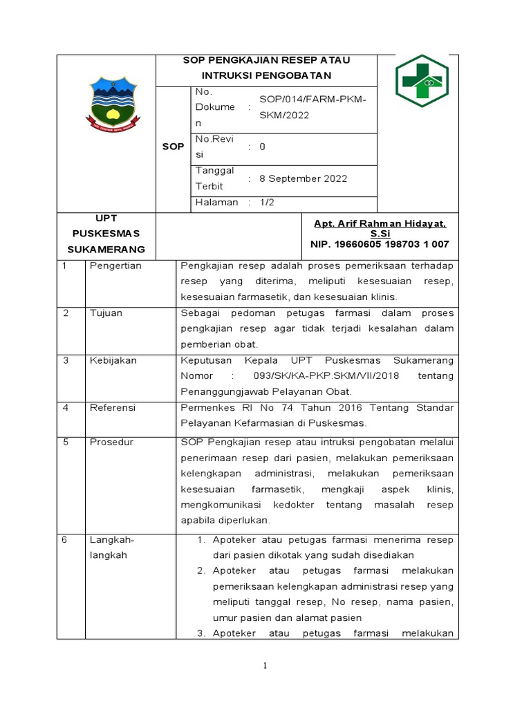 A. SOP PENGKAJIAN RESEP ATAU INTRUKSI PENGOBATAN | PDF