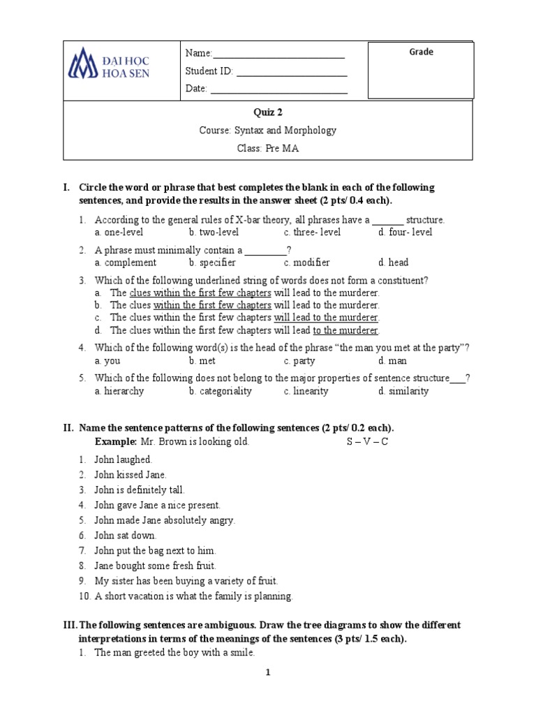 Quiz 2 | PDF | Phrase | Cognition