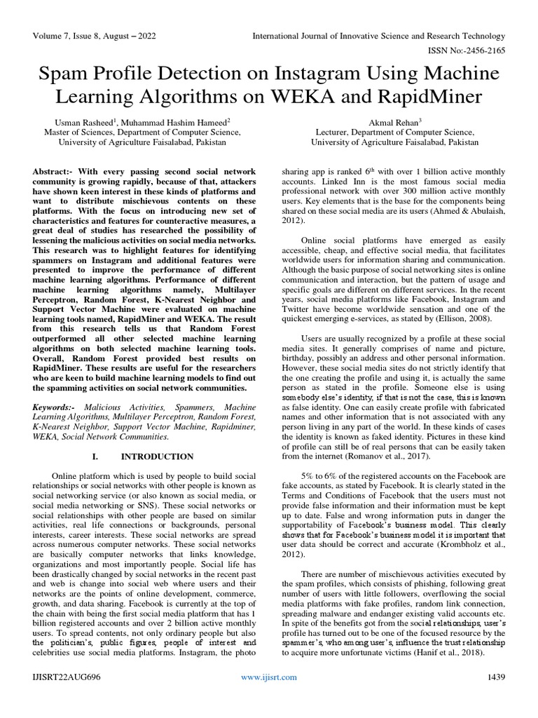 Spam Profile Detection On Instagram Using Machine Learning Algorithms On WEKA and RapidMiner ...