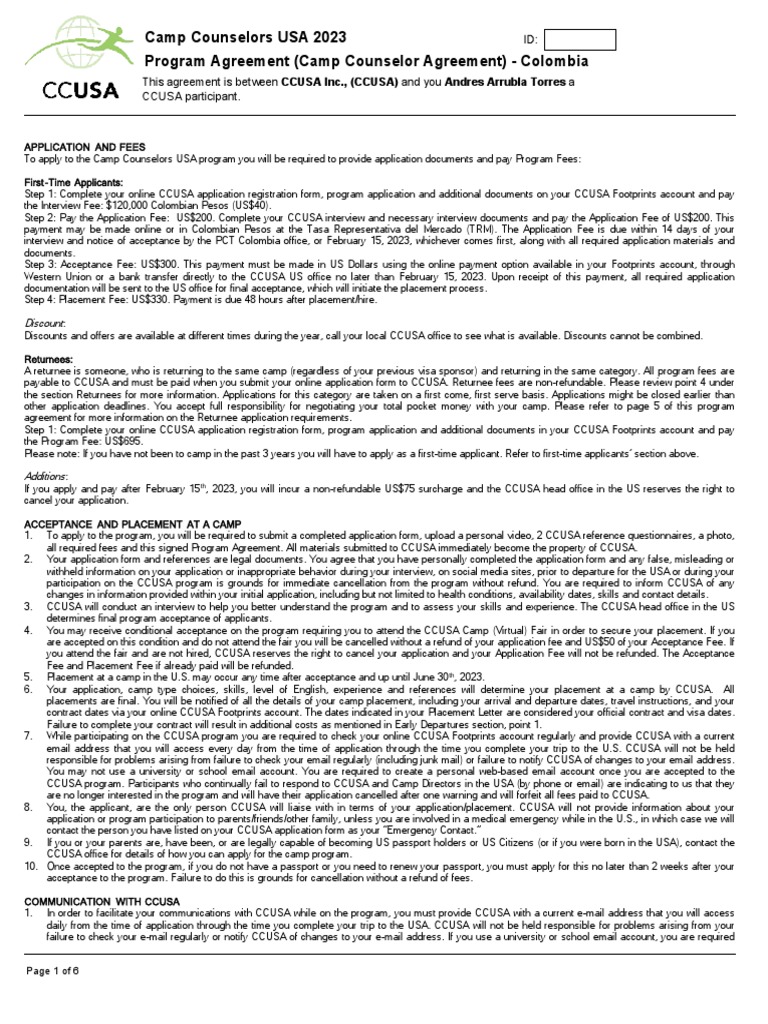 Program Agreement | PDF | Travel Visa | Insurance