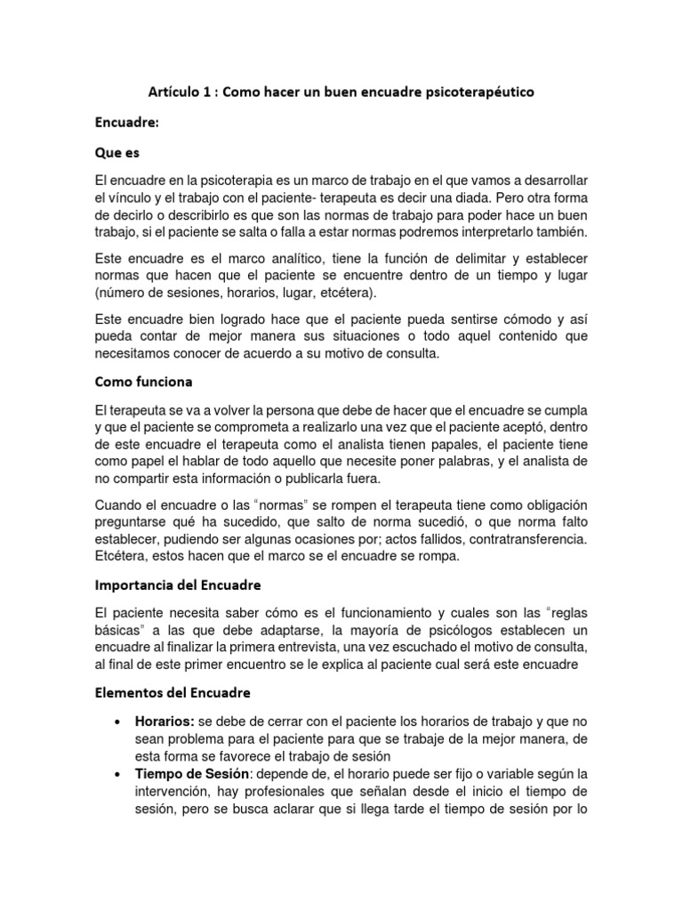 Encuadre Psicoterapéutico: Guía Práctica | PDF | Psicoterapia