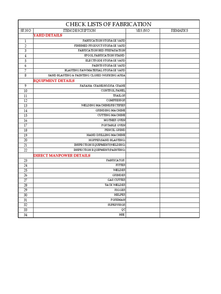 Fabrication Check Lists | PDF