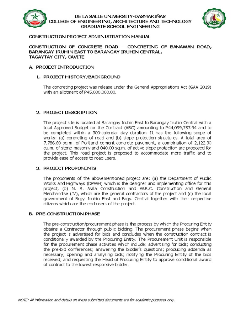 Concreting Banawan Road Project Manual | PDF | Concrete | Specification (Technical Standard)