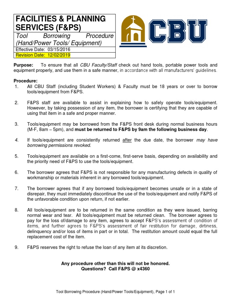 Tool Equipment Borrowing Procedure 120219 | PDF