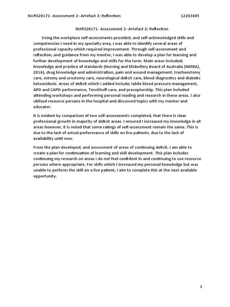 NURS20171 - Assessment 2 - Artefact 2 - Reflection of Performance and ...