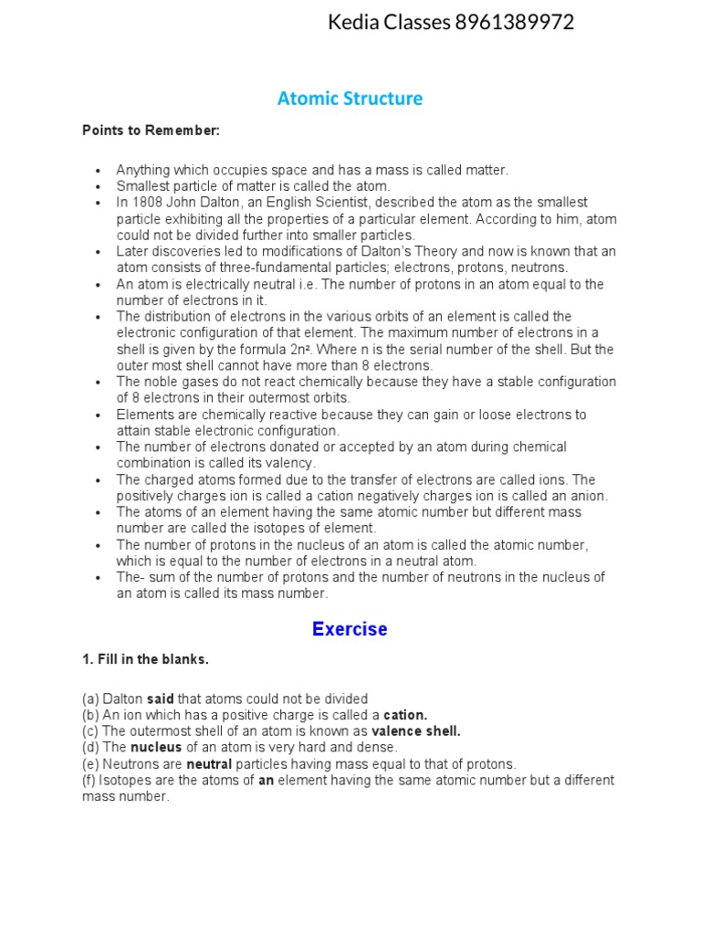 Atomic Structure: Points To Remember | PDF | Atoms | Proton