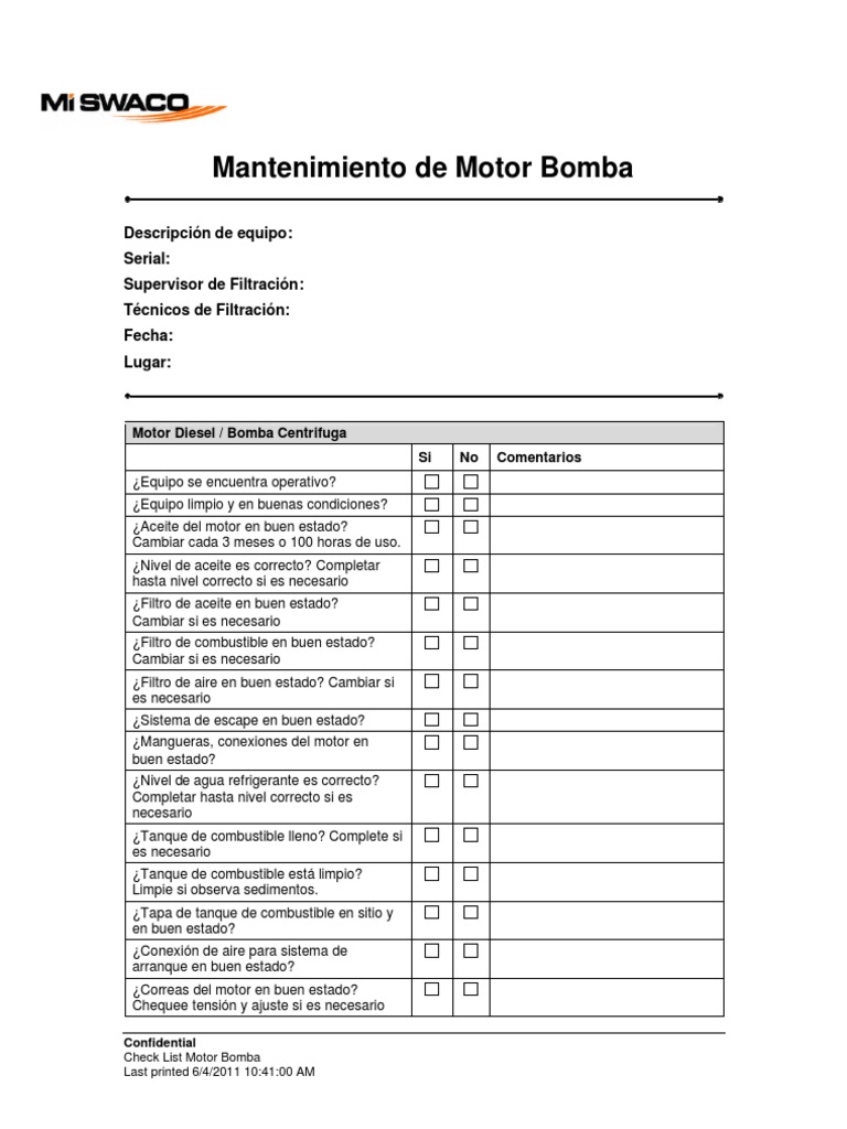 Check List Motor Bomba
