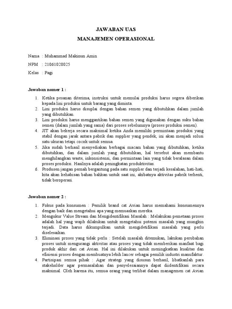 JAWABAN UAS Manajemen Operasional | PDF