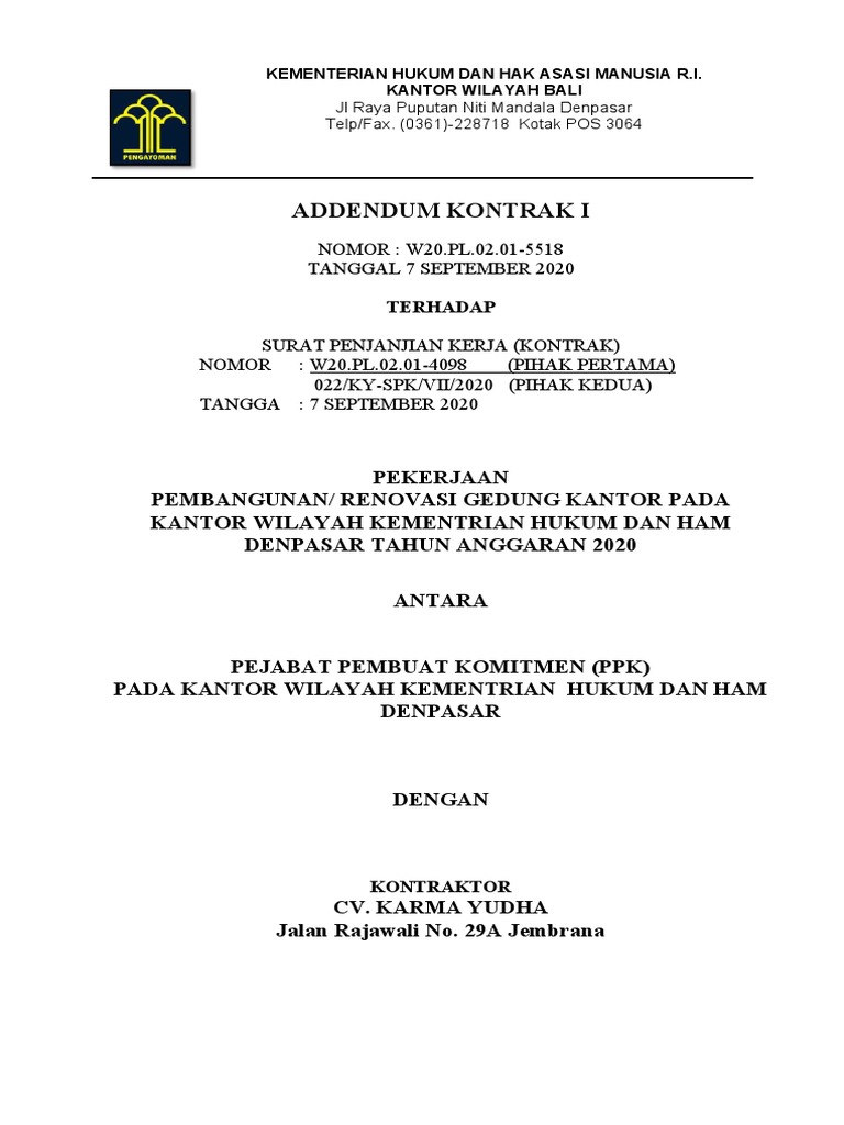 Addendum Kontrak I: NOMOR: W20.PL.02.01-5518 Tanggal 7 September 2020 ...
