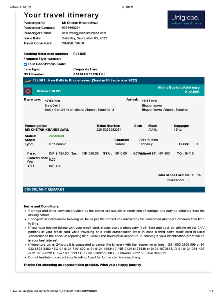 MR Chetan Khandelwal DEL-BBI TKT (J176) | PDF | Service Industries ...