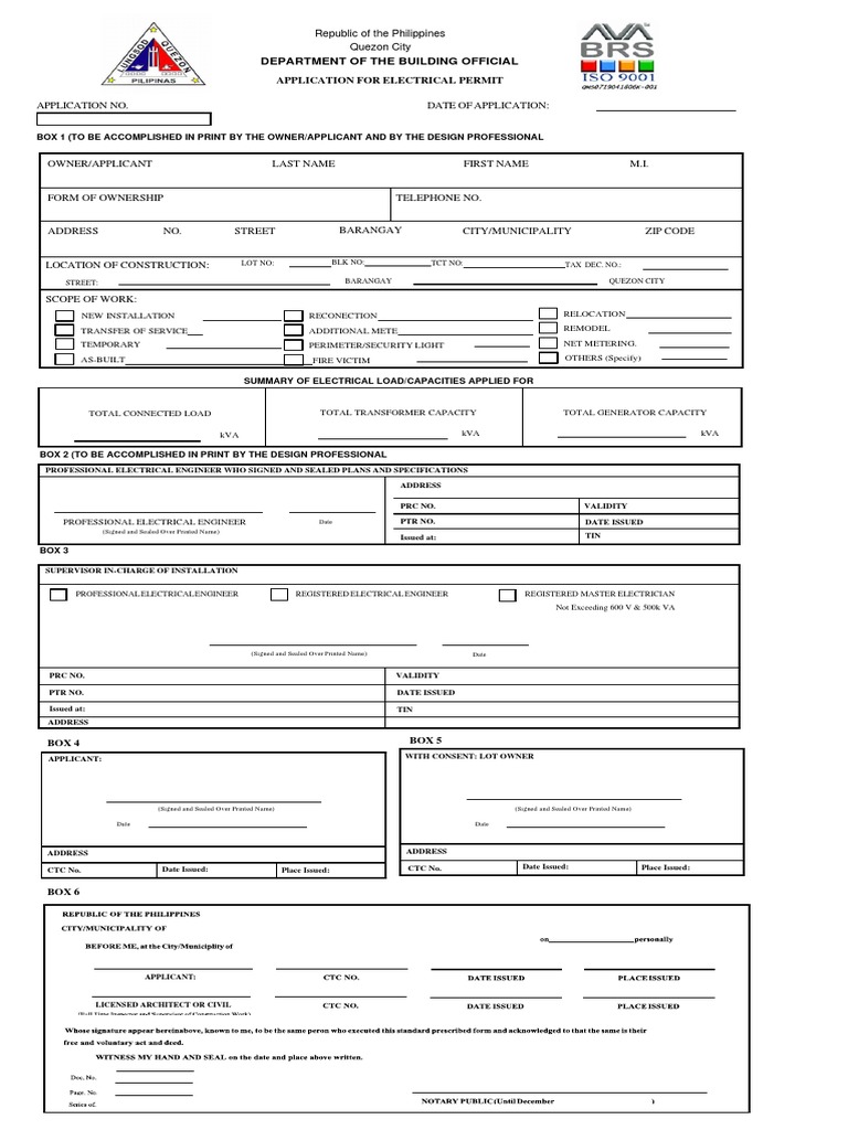 Electrial Permit Application Form - QC | PDF | Electric Power | Electricity