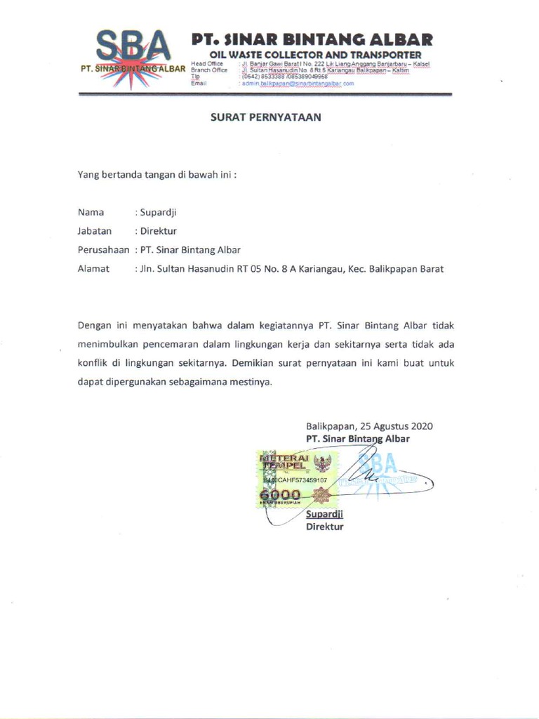Surat Pernyataan Bebas Pencemaran - BPP | PDF