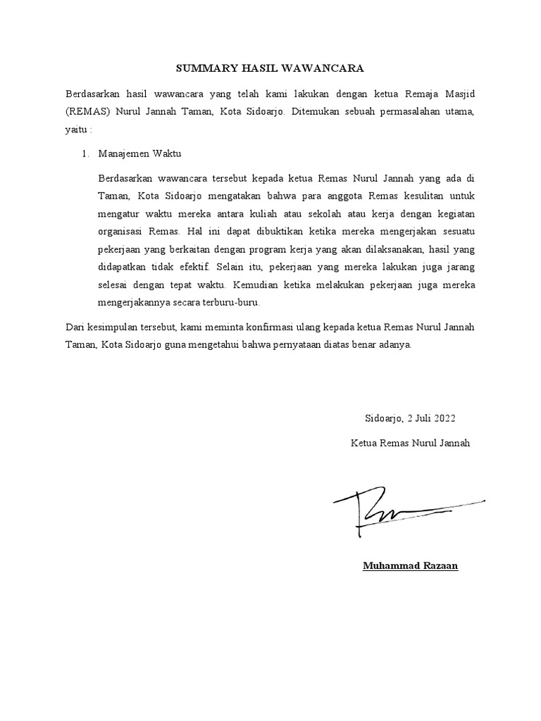 Summary Hasil Wawancara | PDF | Karier & Perkembangan