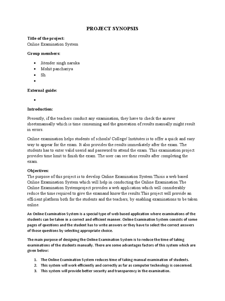 ONEXAM Online Examination System Project Synopsis | PDF | Php | Test ...
