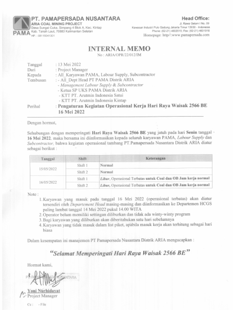 Internal Memo Hari Raya Waisak 2022 | PDF