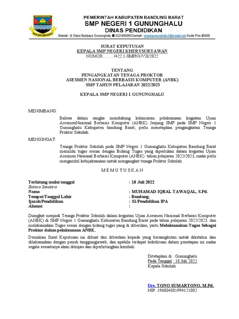 SK Proktor-Teknisis ANBK 2022 | PDF