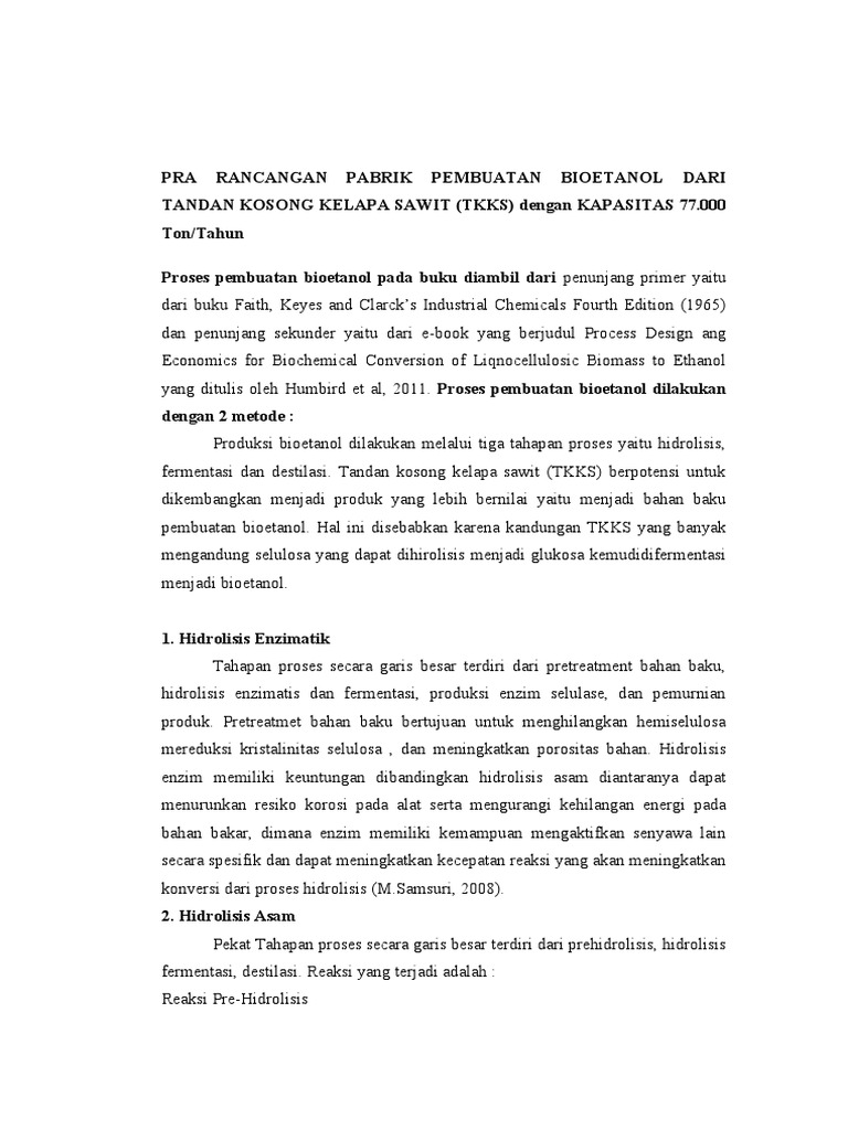 Pra Rancangan Pabrik Pembuatan Bioetanol Dari Tongkol Kelapa Sawit | PDF