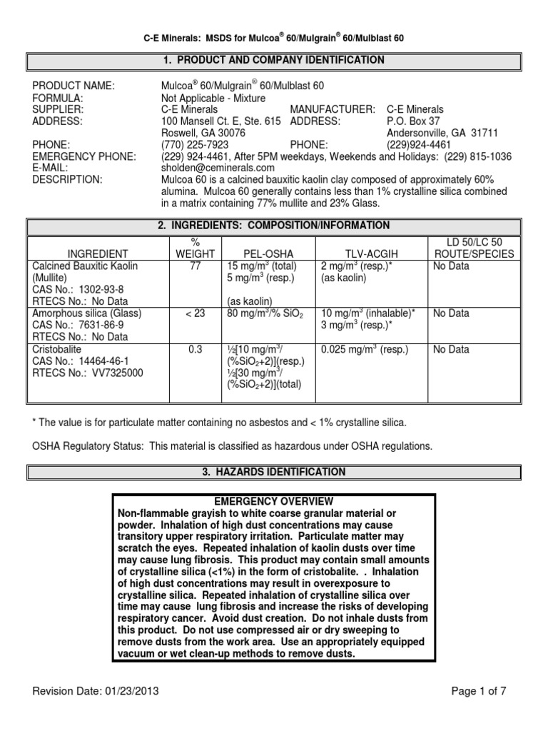 C-E Minerals: MSDS For Mulcoa 60/mulgrain 60/mulblast 60: Revision Date ...