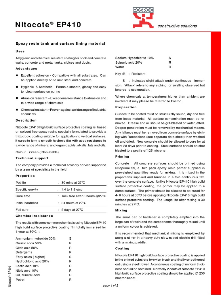 Fosroc Nitocote Ep410 Admixture | PDF | Concrete | Epoxy