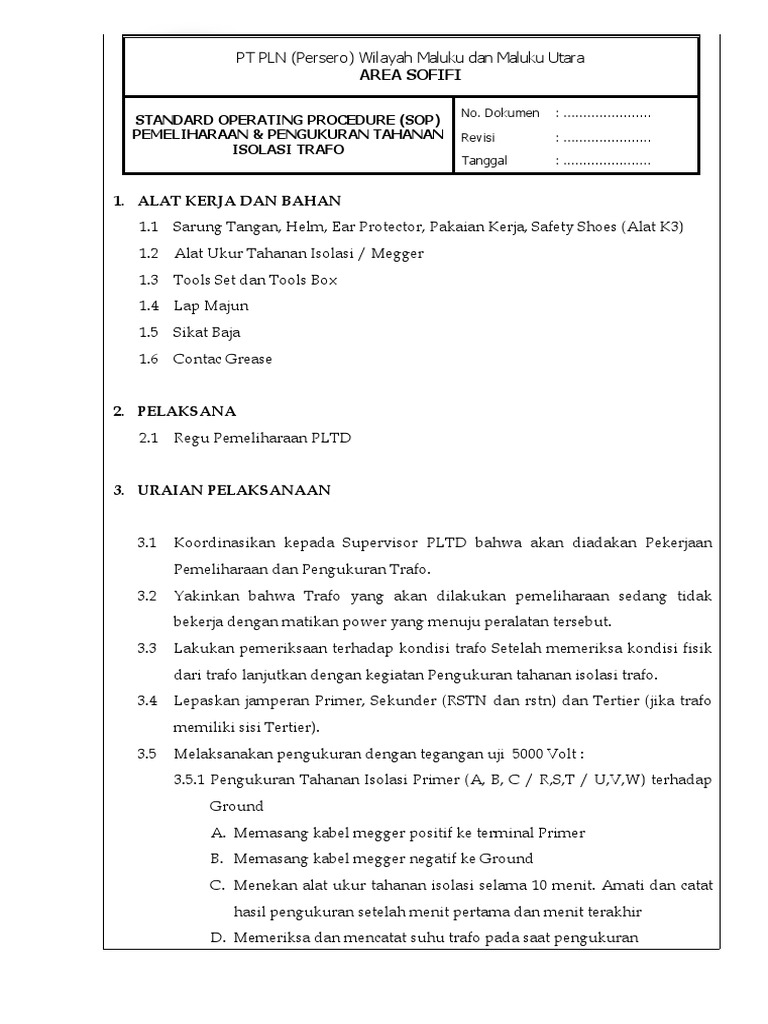 SOP PEMELIHARAAN & PENGUKURAN TAHANAN ISOLASI TRAFO - Done | PDF