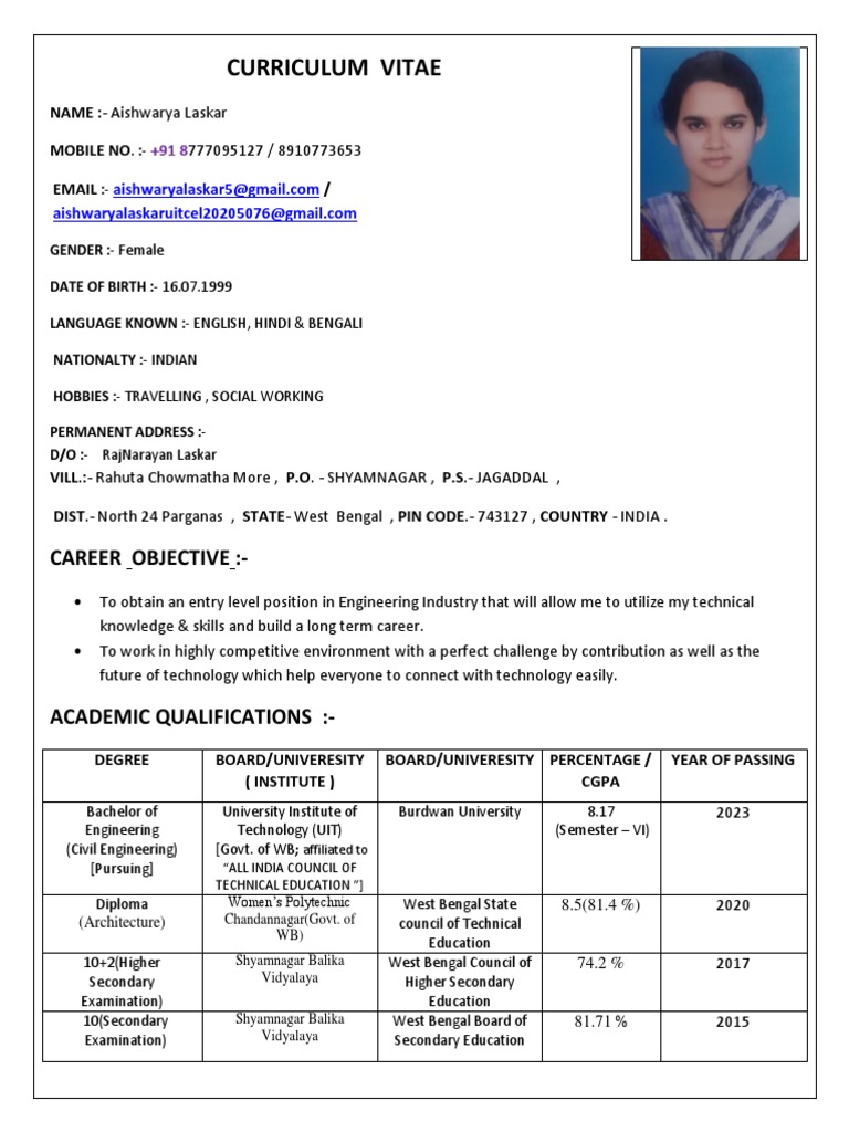 A Concise Curriculum Vitae for a Civil Engineering Student Seeking Entry Level Opportunities ...