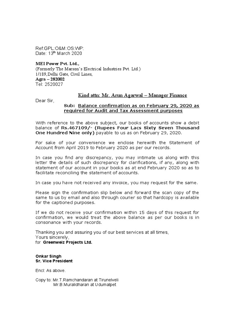 Request For Confirmation of Balance | PDF