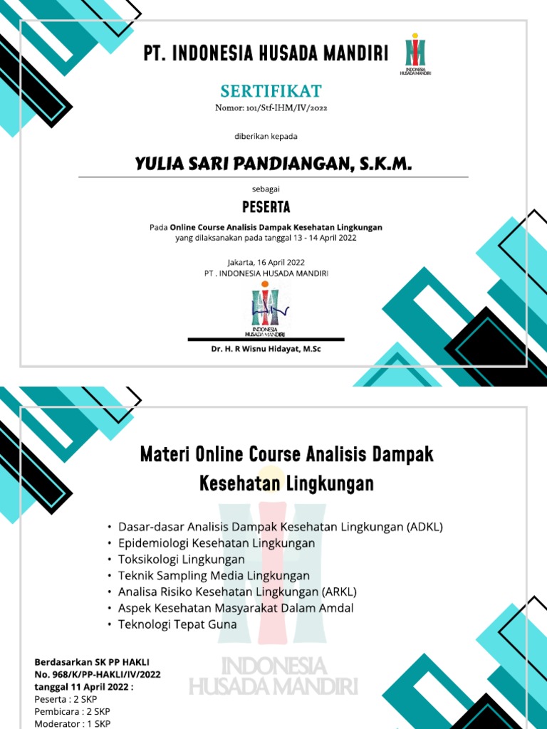 Sertifikat ADKL - YULIA SARI PANDIANGAN, S - K - M | PDF