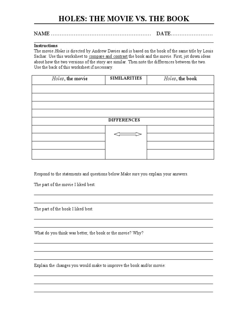 HOLES The Movie Vs The Book Study | PDF