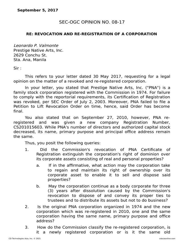 SEC OGC Opinion No. 08-17 | PDF | Liquidation | Corporations