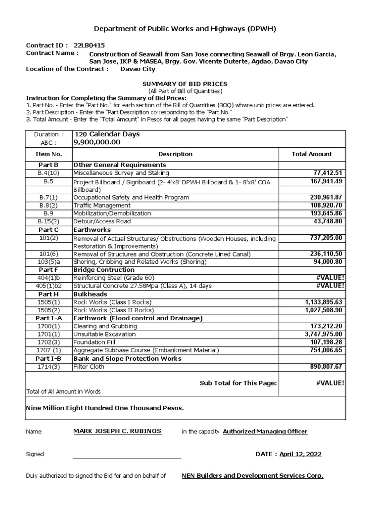 Davao Seawall Construction Bid Summary | PDF | Cost | Economic Sectors